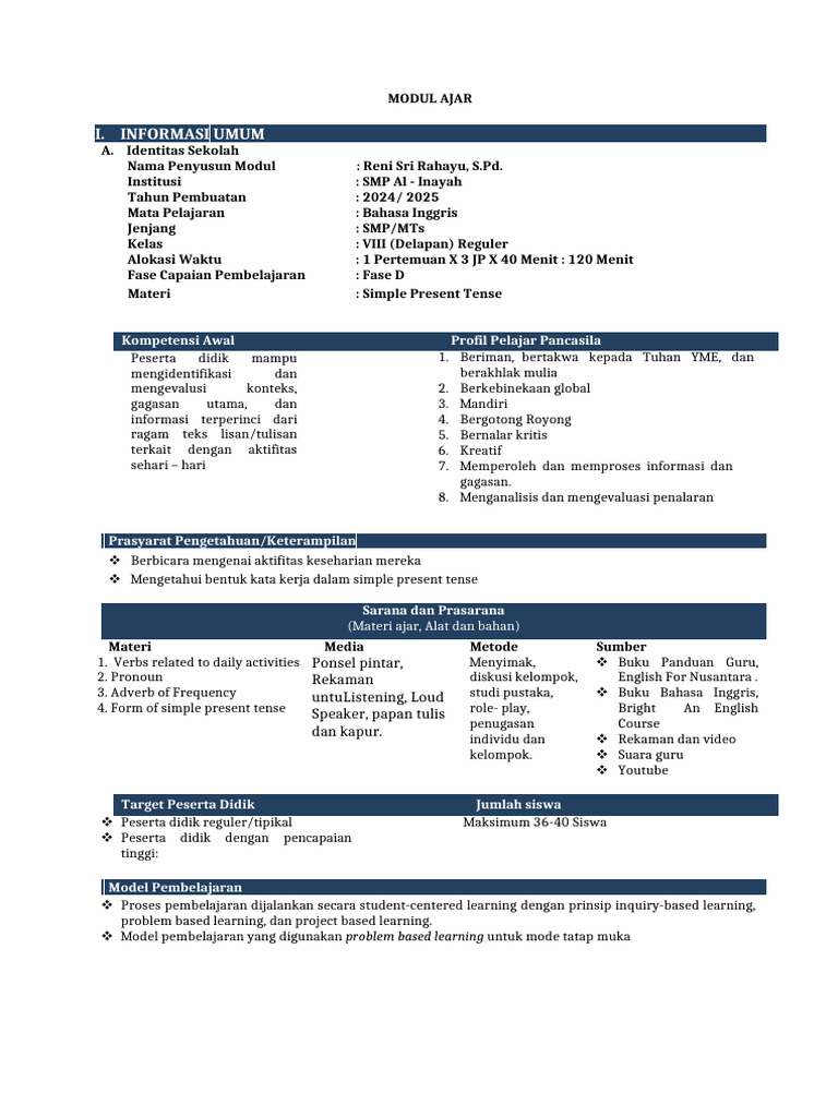 Modul Ajar Bahasa Inggris - PRESENT TENSE | PDF