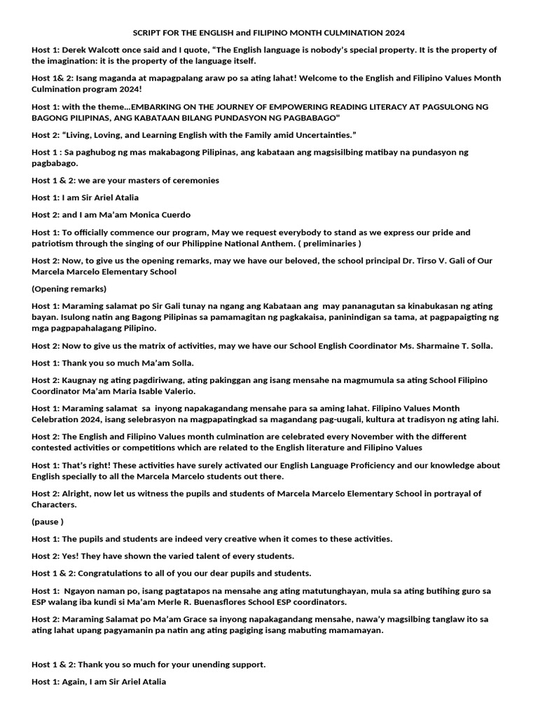 Script English and Filipino Values Month 2024 | PDF | Philippines