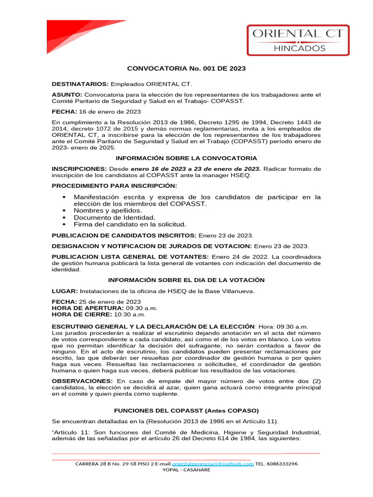 Convocatoria Conformación COPASST | PDF | Seguridad y salud ocupacional ...