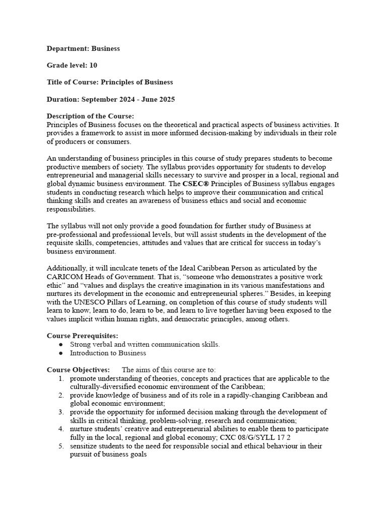 POB Grade 10 Course Outline - Docx-1 | PDF | Critical Thinking | Learning