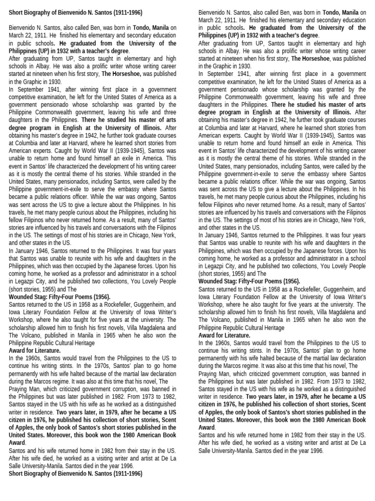 Short Biography of Bienvenido N. Santos | PDF | Philippines