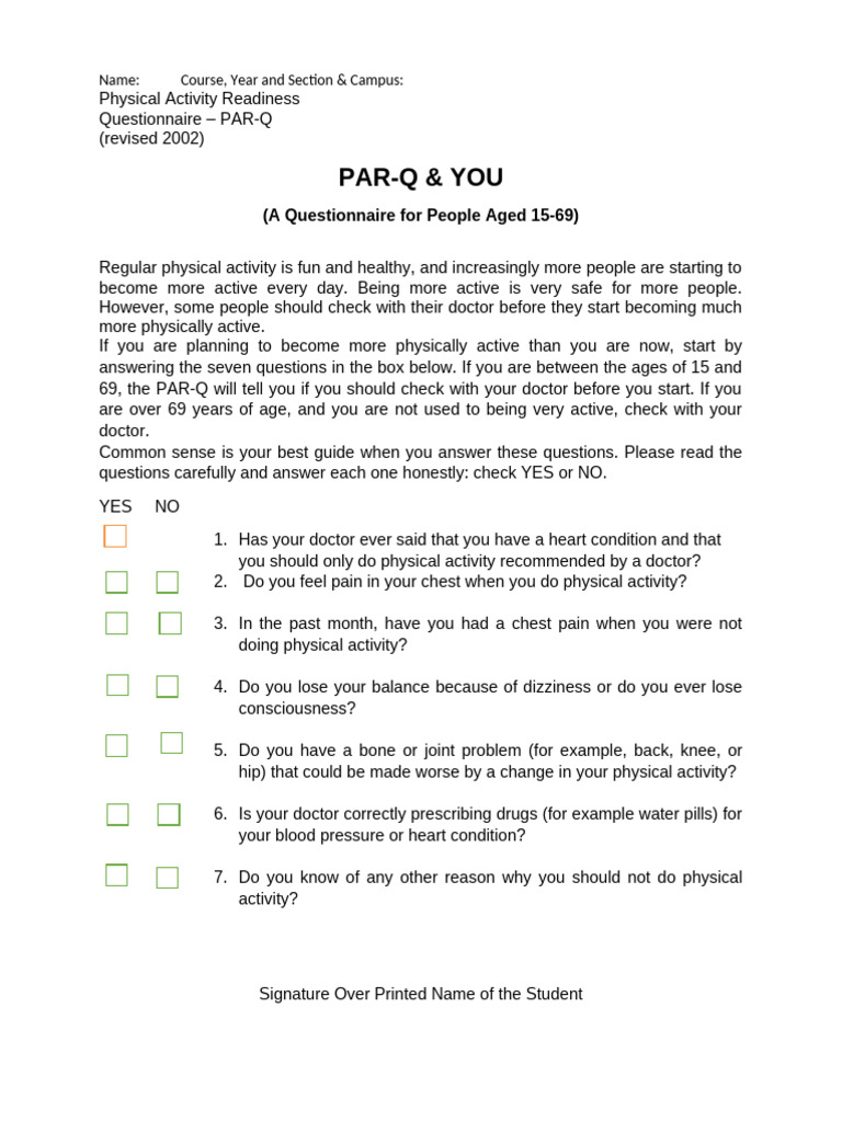 PAR-Q: Physical Activity Readiness Questionnaire | PDF