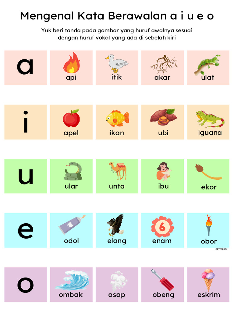 Worksheet Huruf Vokal A I U e o | PDF