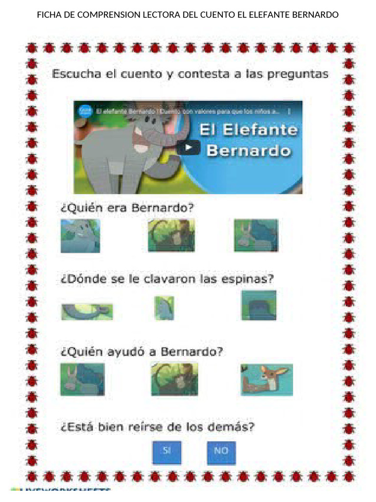 Ficha de Comprension Lectora Del Cuento El Elefante Bernardo | PDF