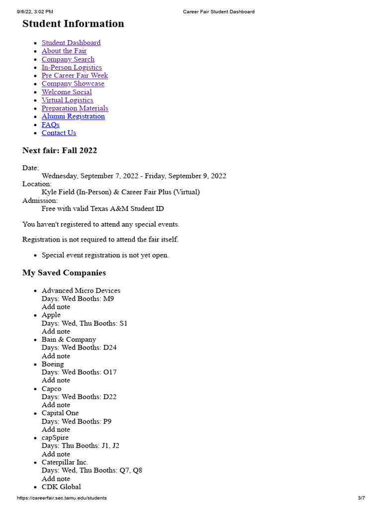 Career Fair Student Dashboard | PDF | Companies | Companies Of The ...