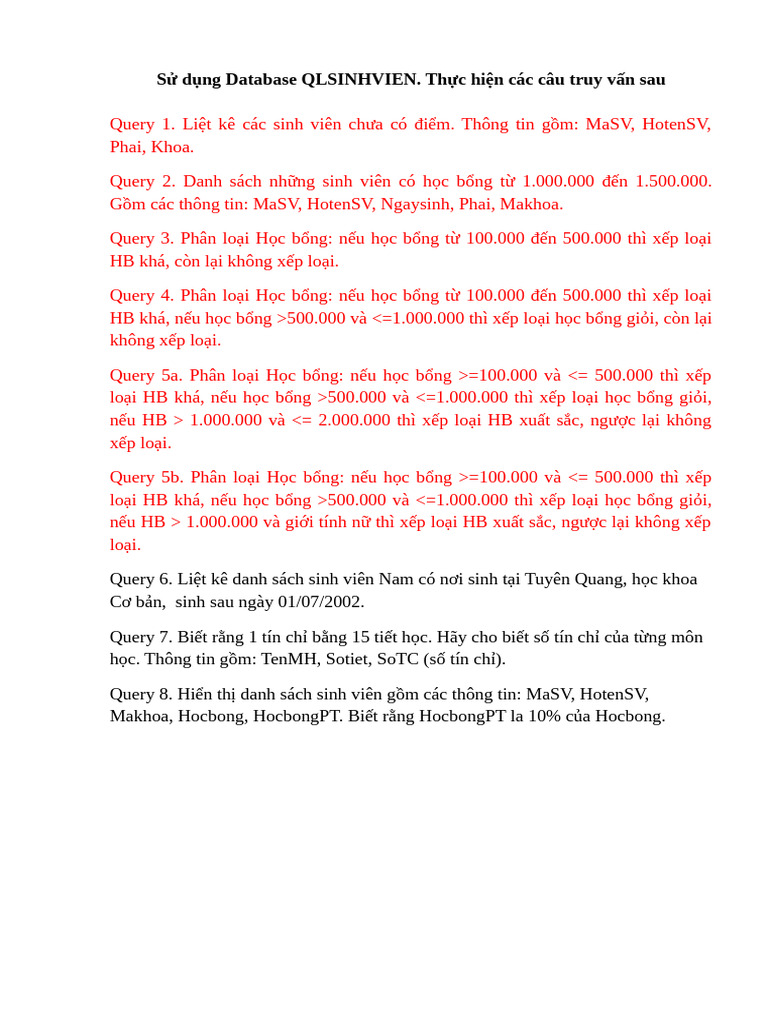 BT Database QLSINHVIEN (BS) - (Ngay 24.10) | PDF