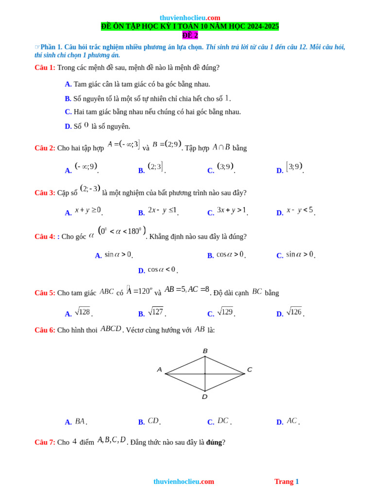 De On Tap HK1 Toan 10 KNTT de 2 | PDF