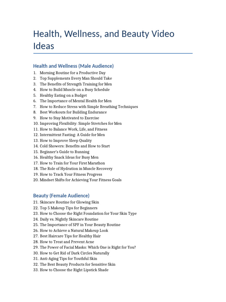 Health Wellness Beauty Video Ideas | PDF | Physical Fitness | Motivation