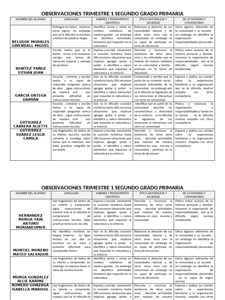 Observaciones Por Campo Formativo Segundo Grado Primaria T1 | PDF | Toma de decisiones | Pensamiento