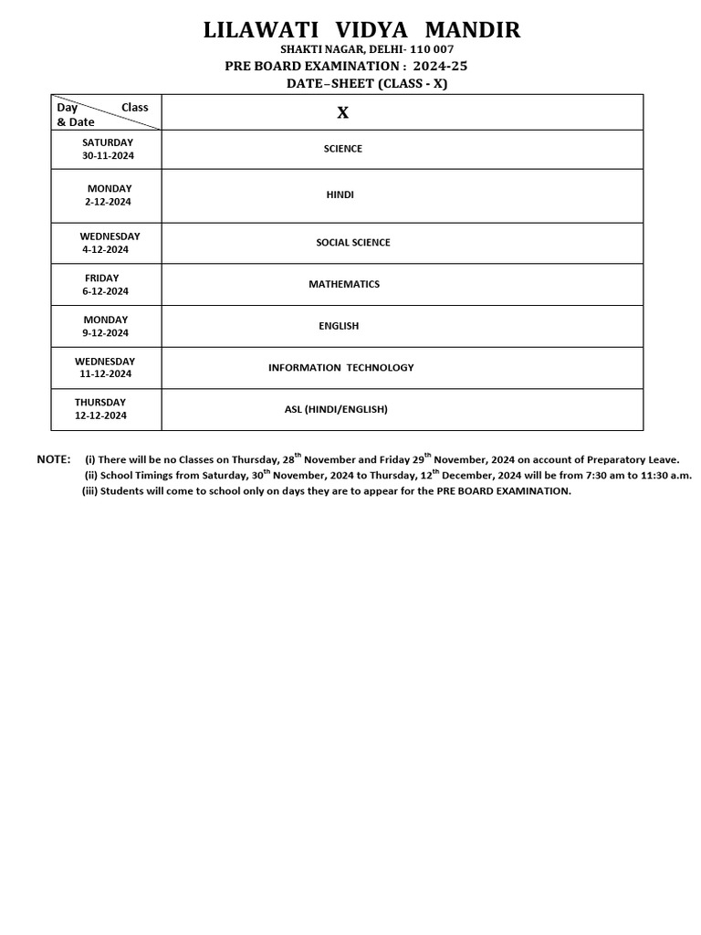 Class X Pre-Board Exam Schedule 2024 | PDF