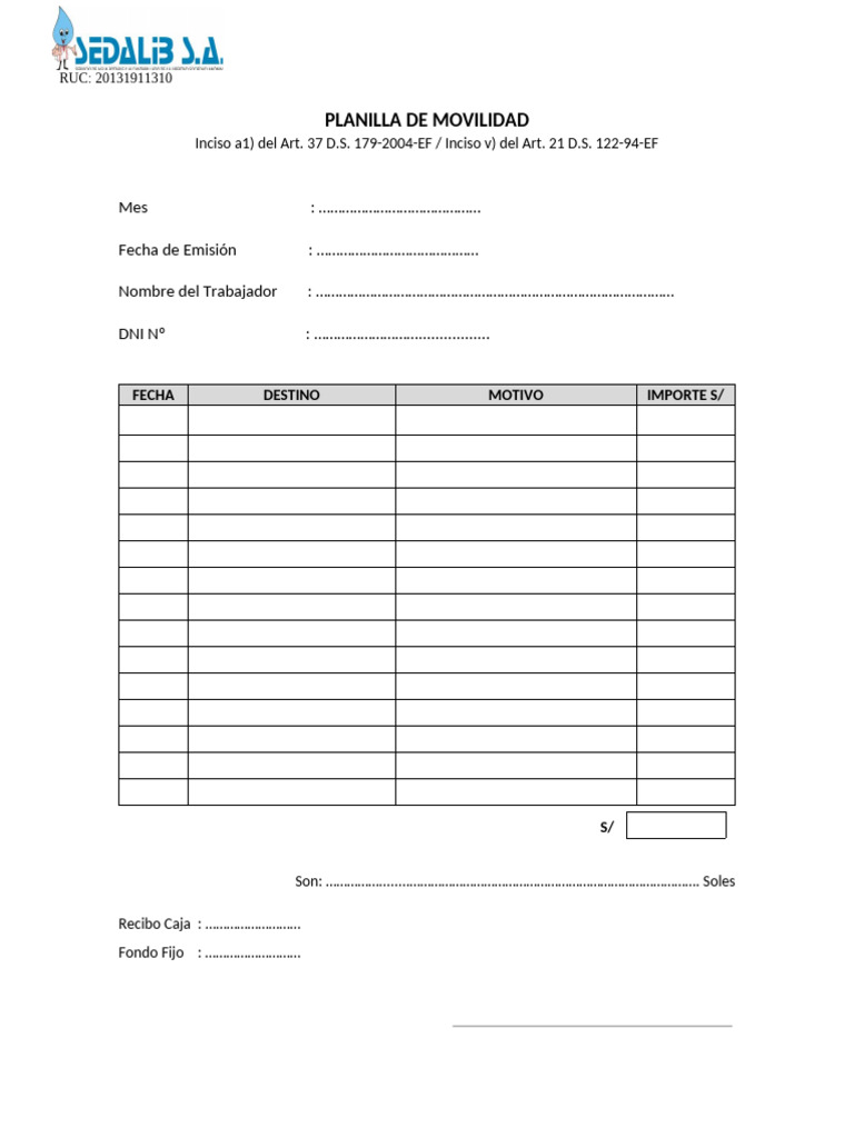 Planilla Movilidad | PDF