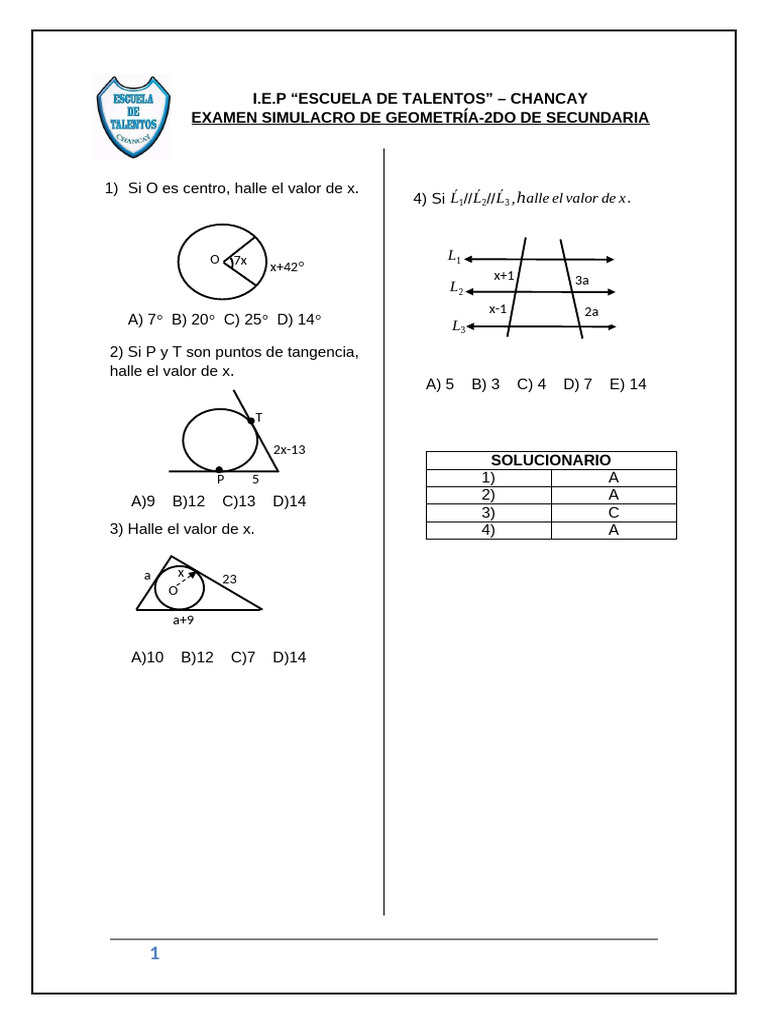 Examen Simulacro de Geometría-2do de Secundaria-Escuela de Talentos-Italo Daniel Rojas Flores | PDF