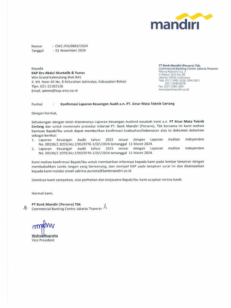 Konfirmasi Kantor Akuntan Publik A.N PT Sinar Mata Teknik Cerlang | PDF