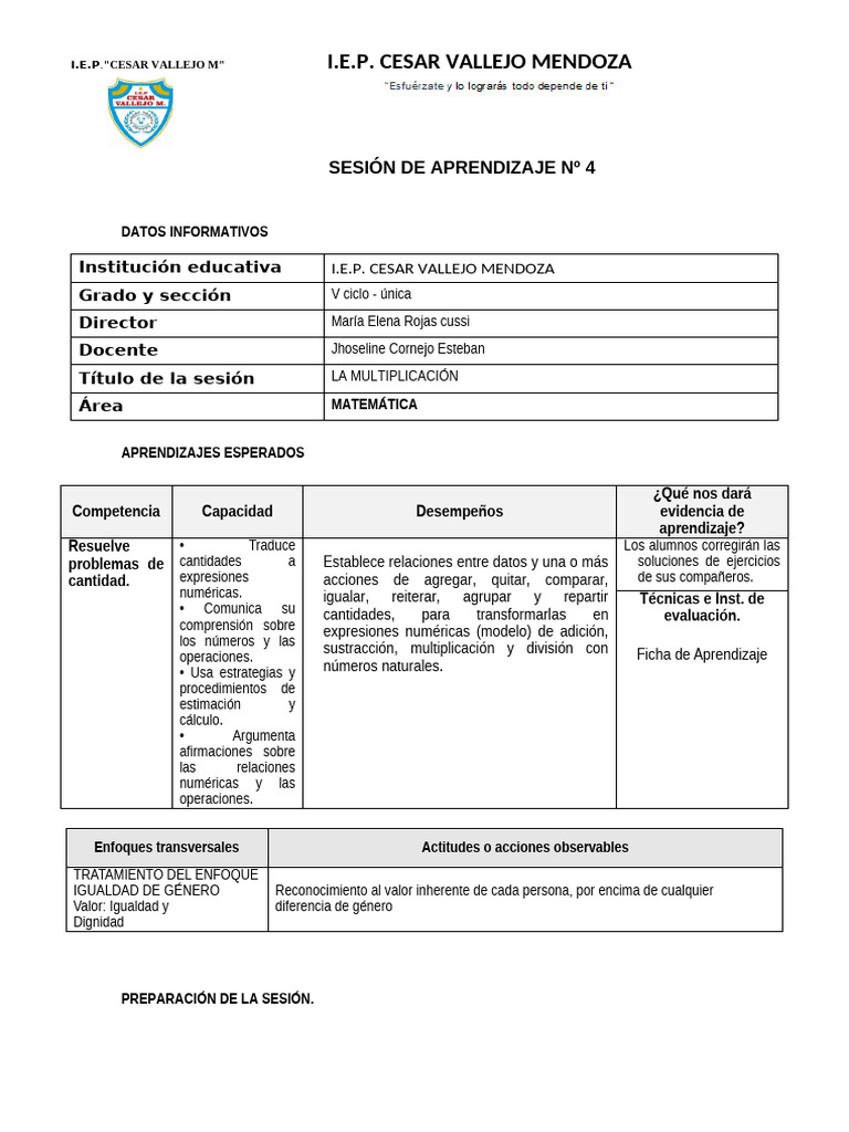 MODELO DE SESION | PDF | Aprendizaje | Multiplicación