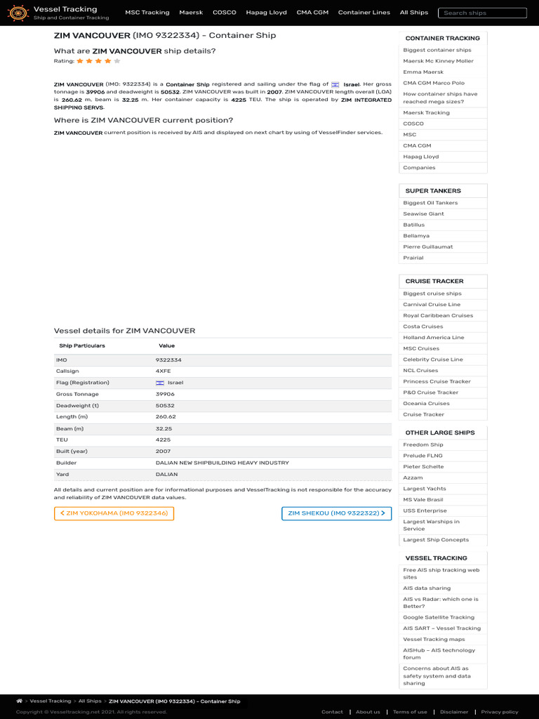 ZIM VANCOUVER (IMO 9322334, Container Ship) - Ship Details and Current ...