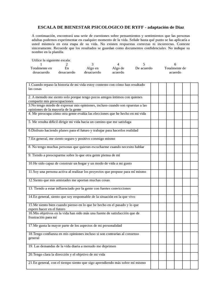 ESCALA DE BIENESTAR PSICOLOGICO DE RYFF Adapt Diaz | PDF | Sicología