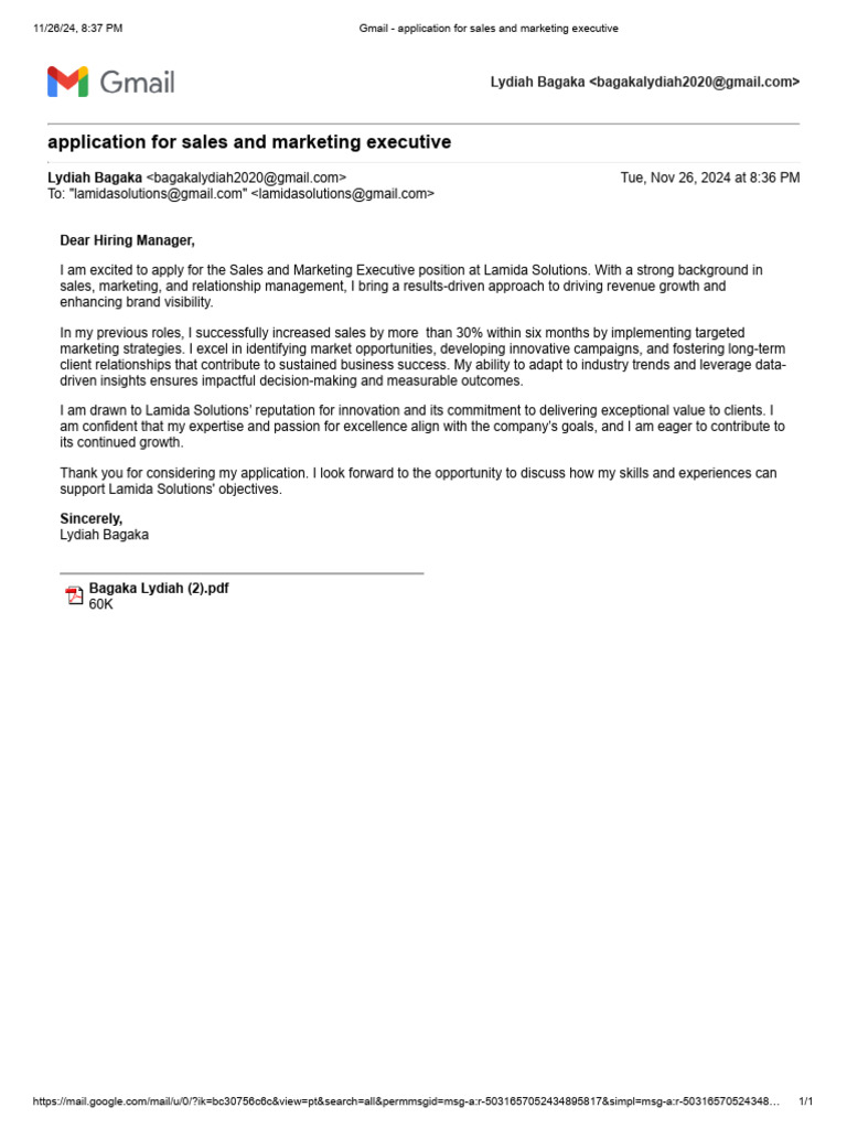 Gmail - Application For Sales and Marketing Executive | PDF