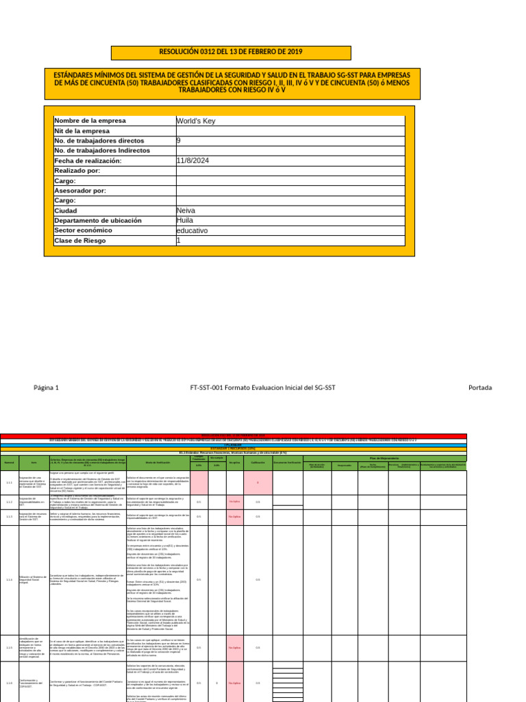 Formato Evaluacion Inicial Del SG-SST 2024 | PDF | Derecho laboral | Pensión