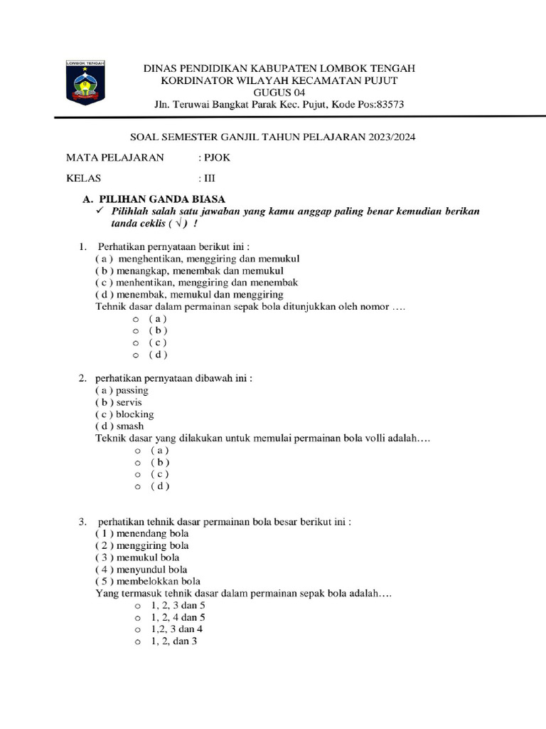 Soal Uas Ganjil Pjok Kelas 3 Tahun 2023 | PDF