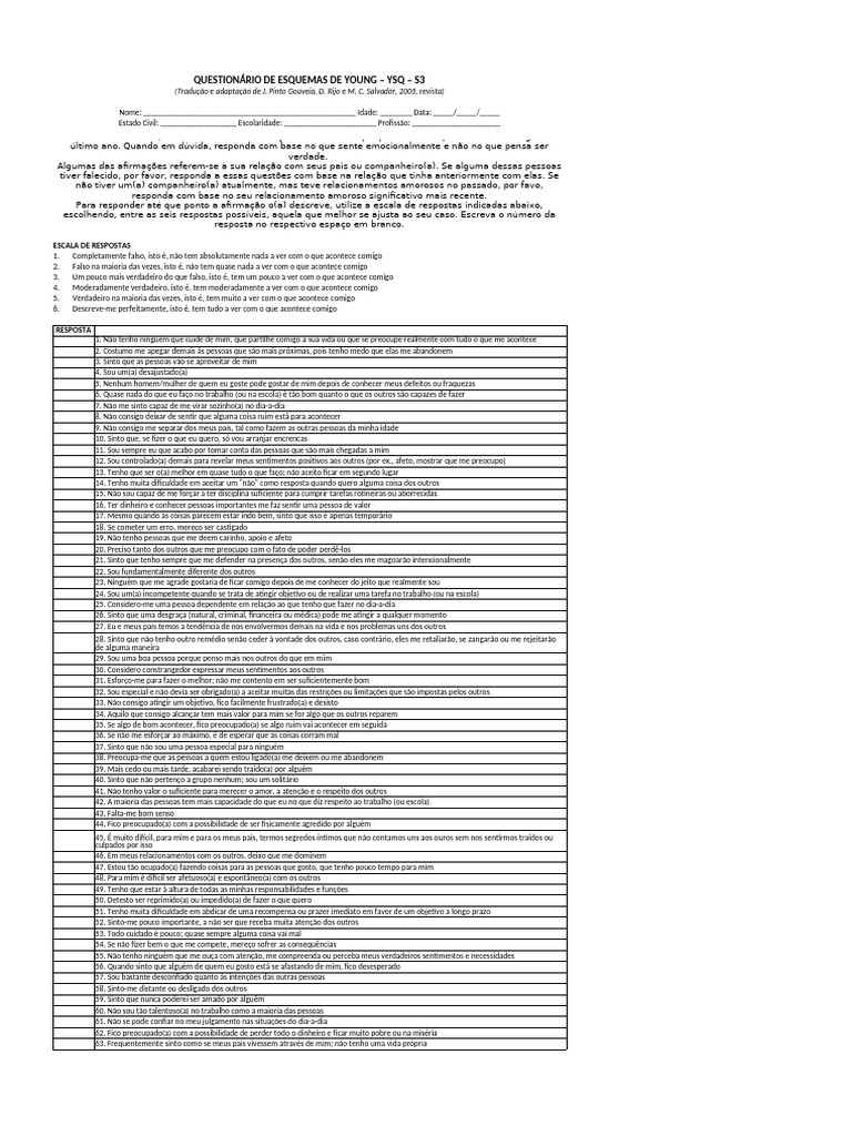 Questionário de Esquemas COMPLETO - QUESTIONÁRIO DE ESQUEMAS DE YOUNG - YSQ - S3 | PDF | Amor ...