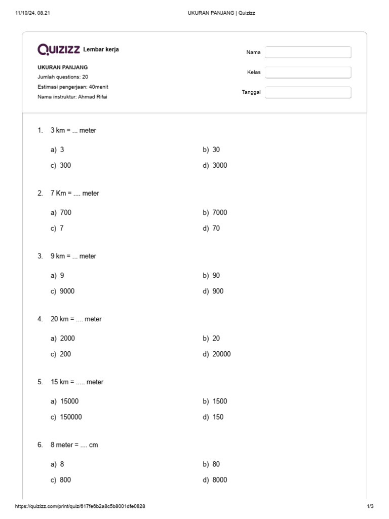 UKURAN PANJANG - Quizizz | PDF