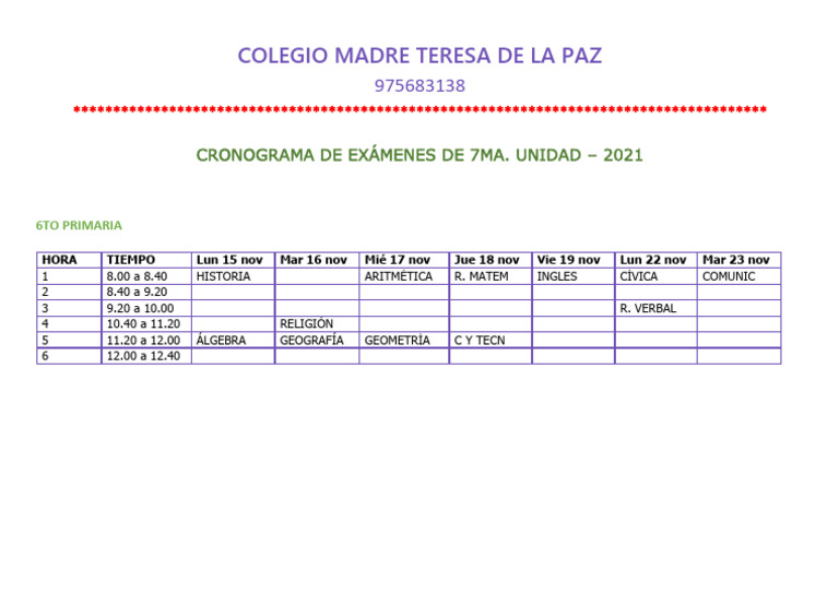 6to Primaria Cronograma Examenes 7ma Unidad 2021 | PDF
