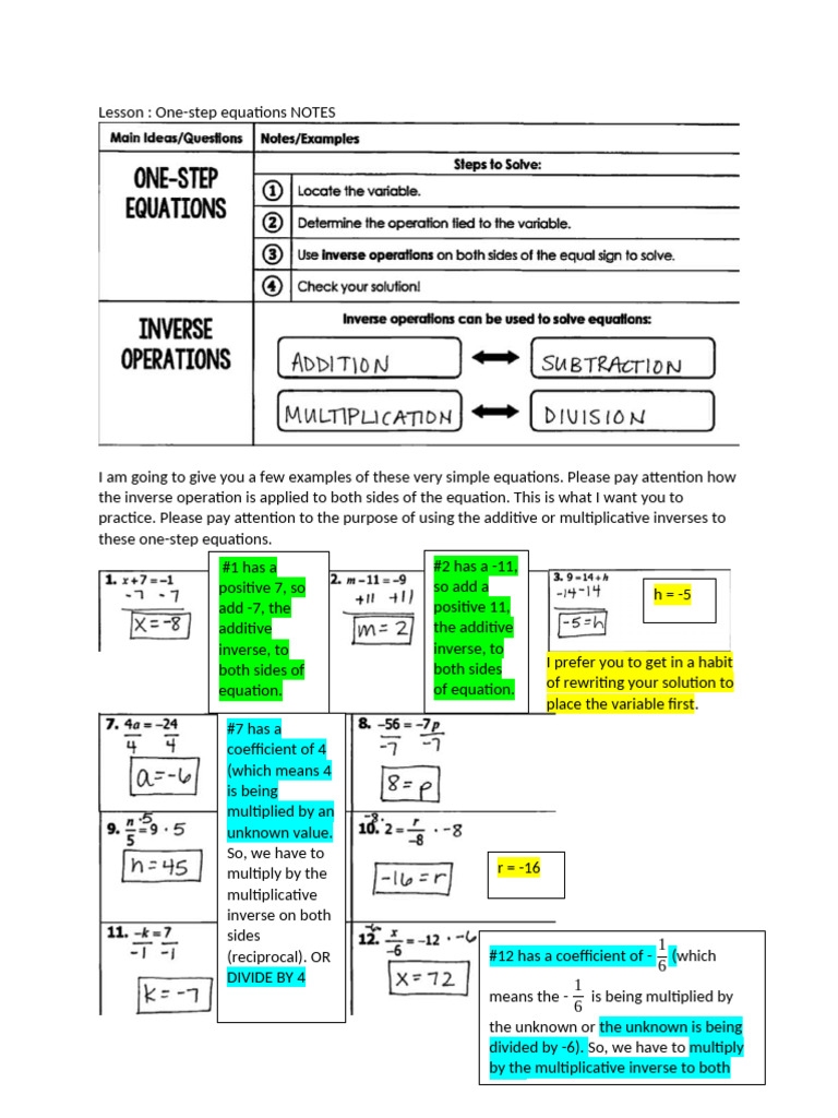 Lesson 2 - One Step Equation Honors | PDF