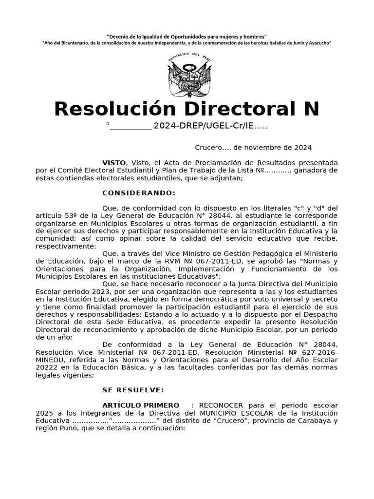 Modelo-De-Resolucion-Directoral - Municipio Escolar-2025 | PDF | Gobierno