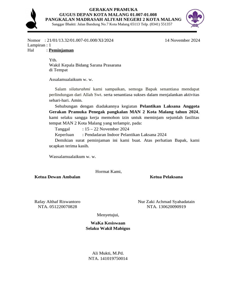 Surat Peminjaman Multimedia PDD Indoor Laksana 2024 | PDF