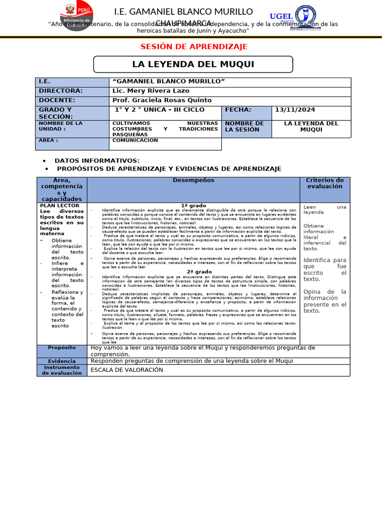 U7 s1 Sesion d4 Plan Lector El Muqui | PDF | Aprendizaje | Información