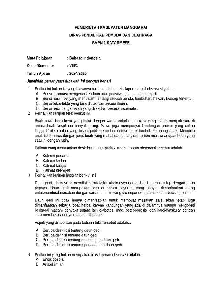 Soal Bindo Smes 1 Kurikulum Merdeka Kelas Viii Ok | PDF