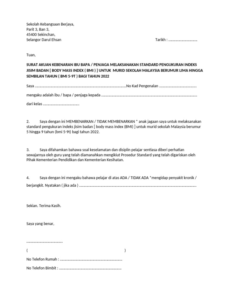 Surat Kebenaran Ibu Bapa Bmi 5-9 Tahun | PDF