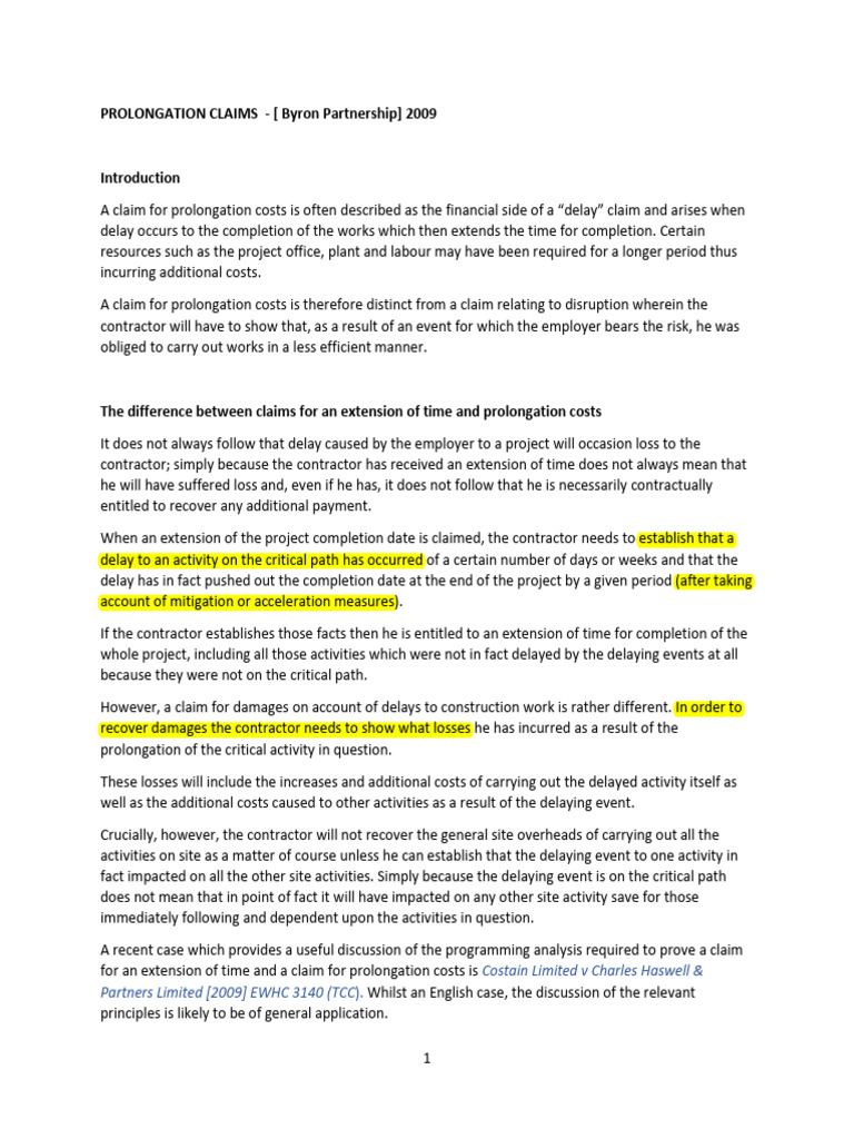 Quick Read - Prolongation Claim - (Byron Partnership) | PDF | Insurance ...