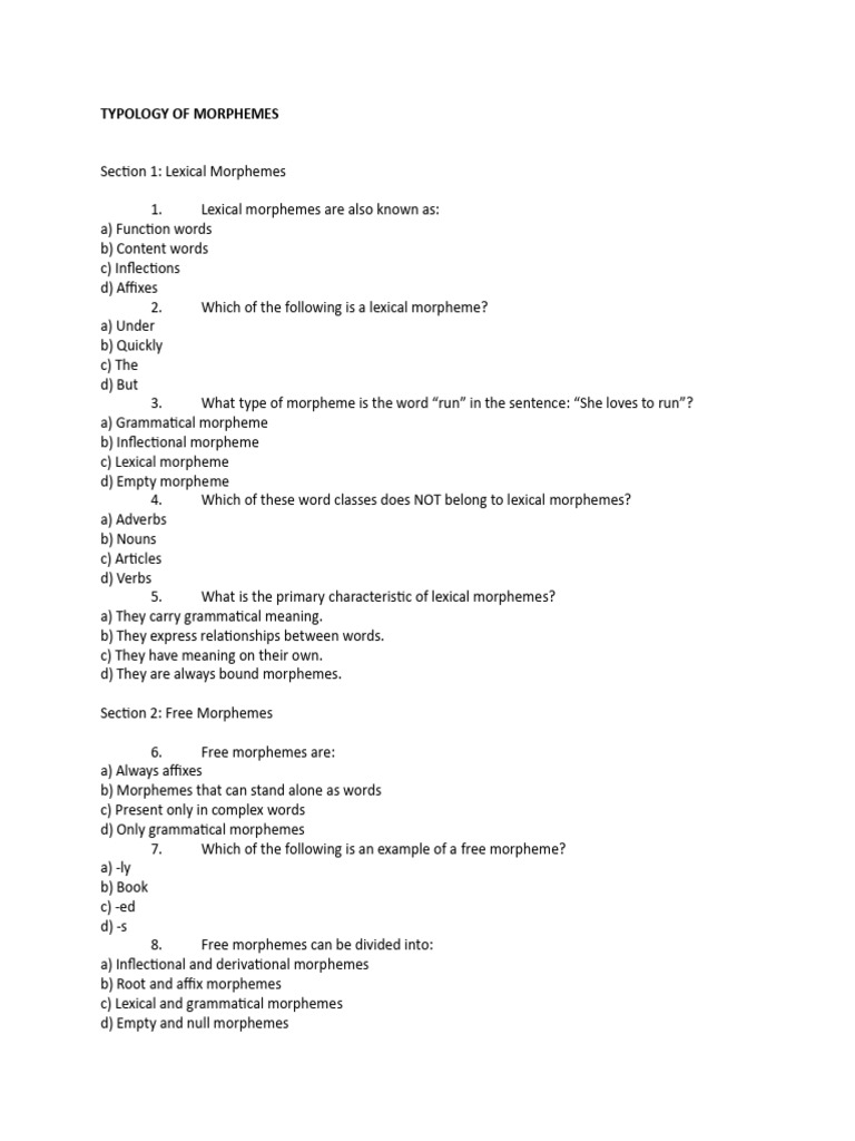 Typology of Morphemes Quiz | PDF | Word | Grammatical Number