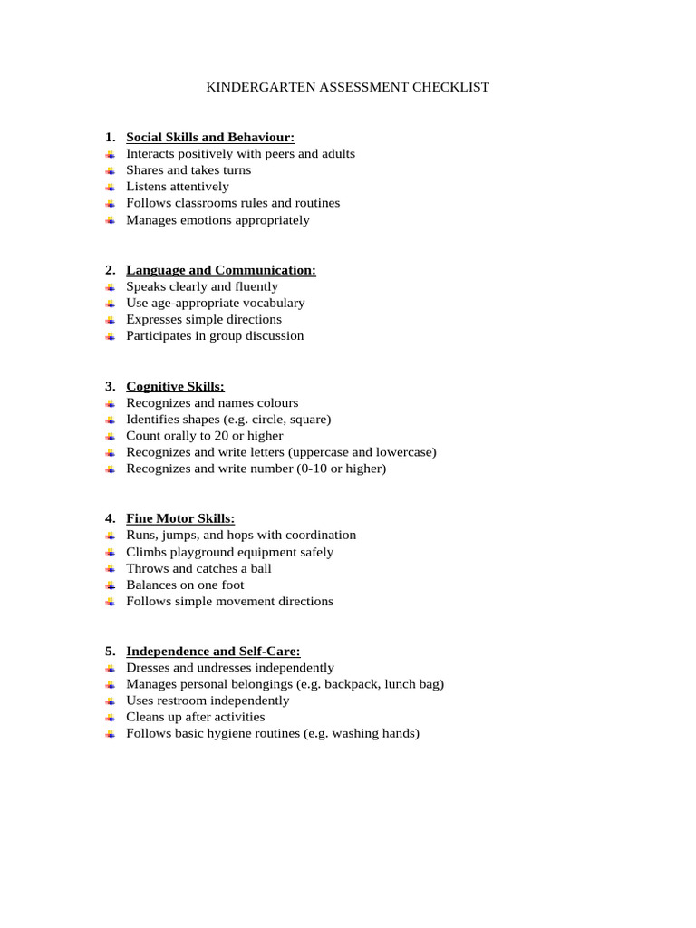 Kindergarten Assessment Checklist | PDF