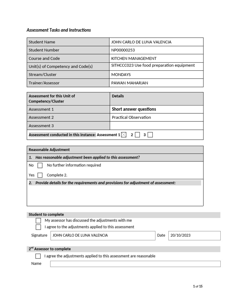 NPA - SITHCCC023 Assessment 1 - Short Answers | PDF | Foods | Cuisine