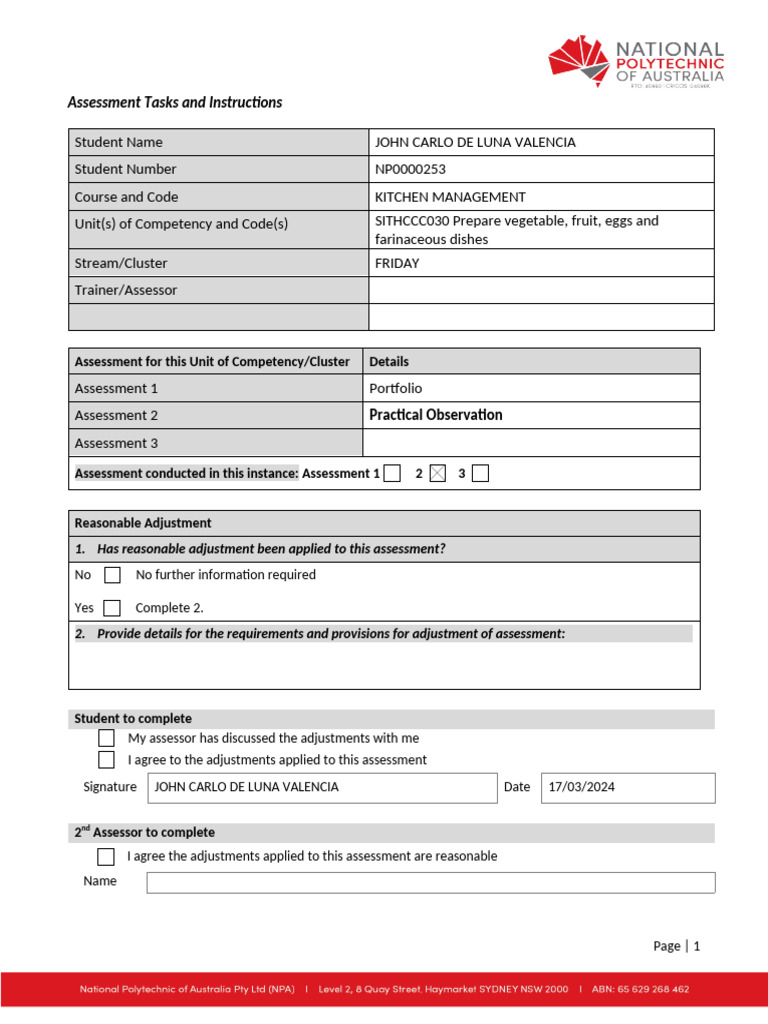SITHCCC030 Assessment Overview | PDF | Cooking | Pasta