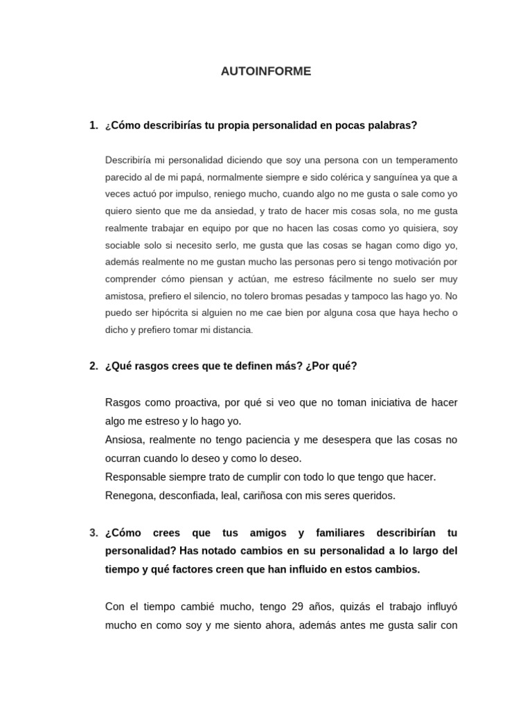 Autoinforme de Personalidad y Cambios | PDF