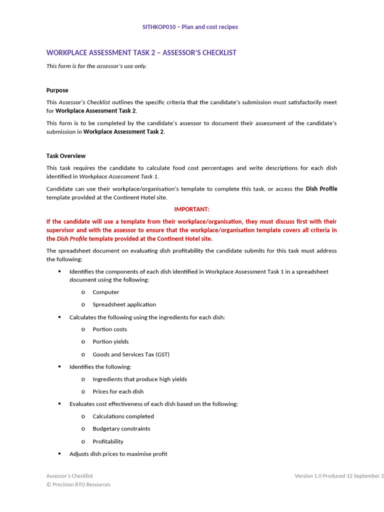 SITHKOP010 Workplace Assessment Task 2 Assessors Checklist v1.0 | PDF | Taxes | Spreadsheet