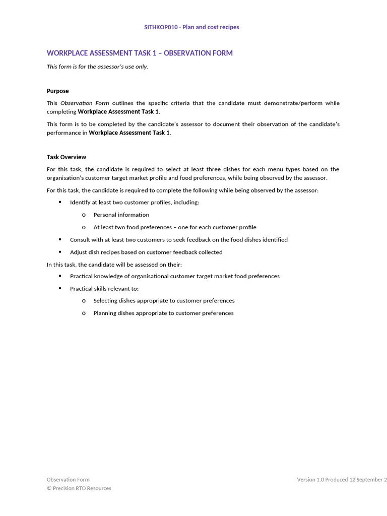 SITHKOP010 Workplace Assessment Task 1 Observation Form v1.0 | PDF