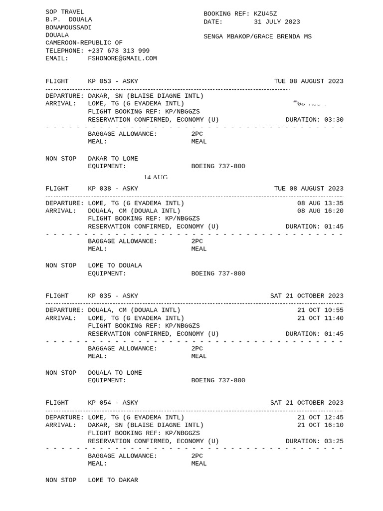 ASKY Flight Itinerary: Dakar to Lome | PDF | Aviation
