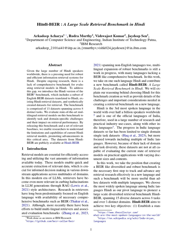 Hindi-BEIR: Comprehensive Retrieval Benchmark | PDF | Information Retrieval | Human Communication