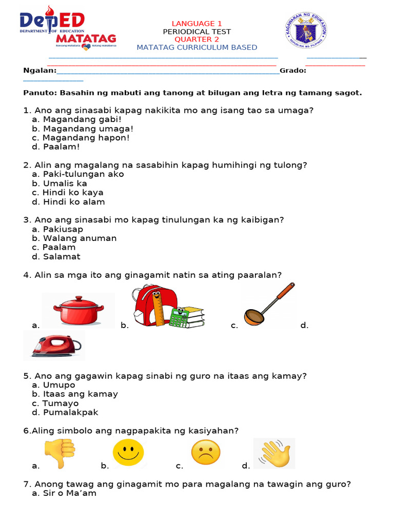 PT Grade 1 Matatag Language 1 | PDF
