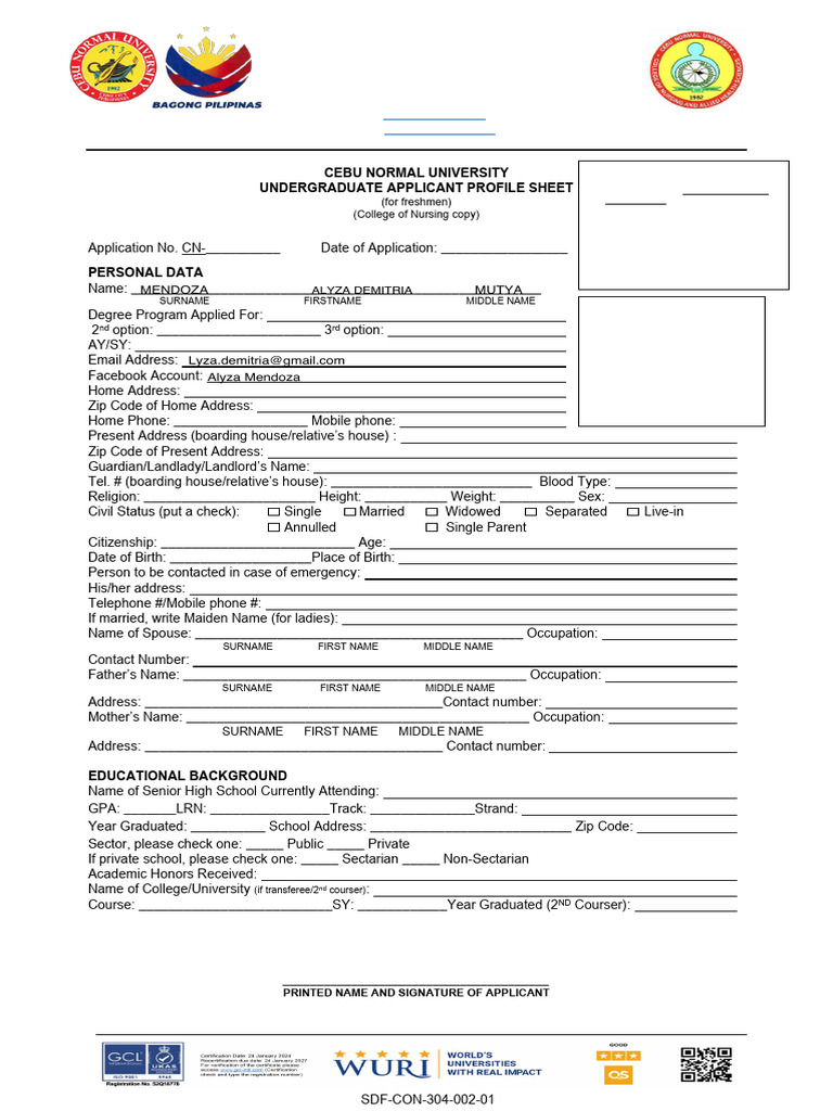 CN Application Form For Undergraduate Studies | PDF