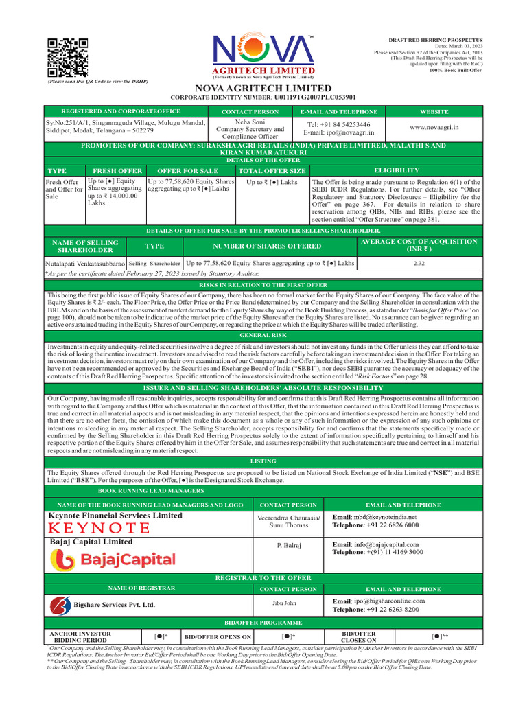 Nova Agritech Limited (DRHP) | PDF | Stocks | Equity (Finance)