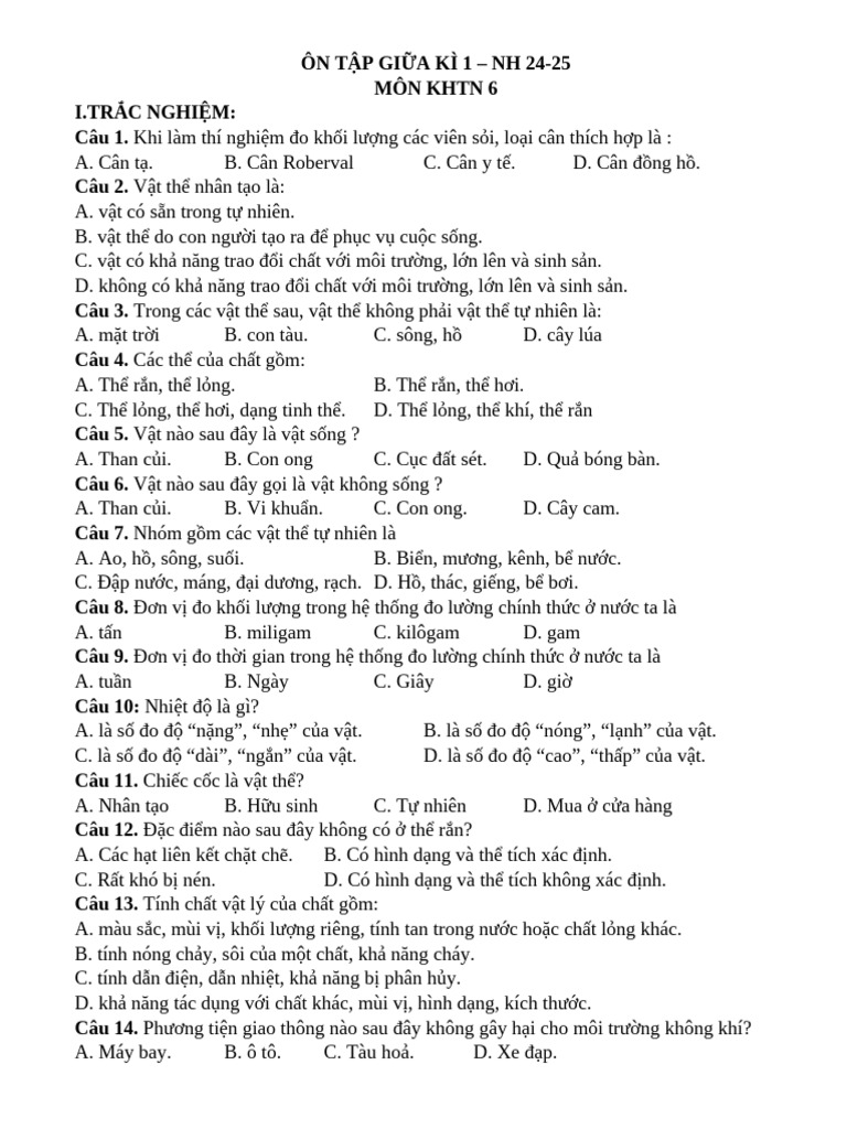 On Giua Ki 1 KHTN 6 NH 24-25 | PDF