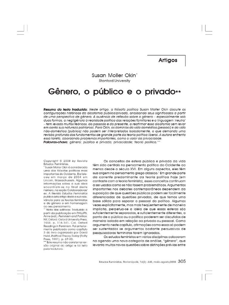 SUSAN MOLLER OKIN Gênero, o Público e o Privado | PDF