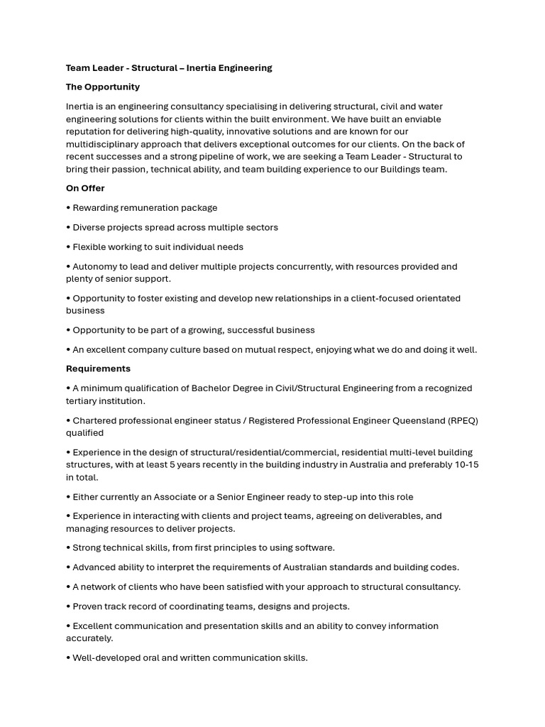 Team Leader - Structural - Inertia Engineering | PDF | Social ...
