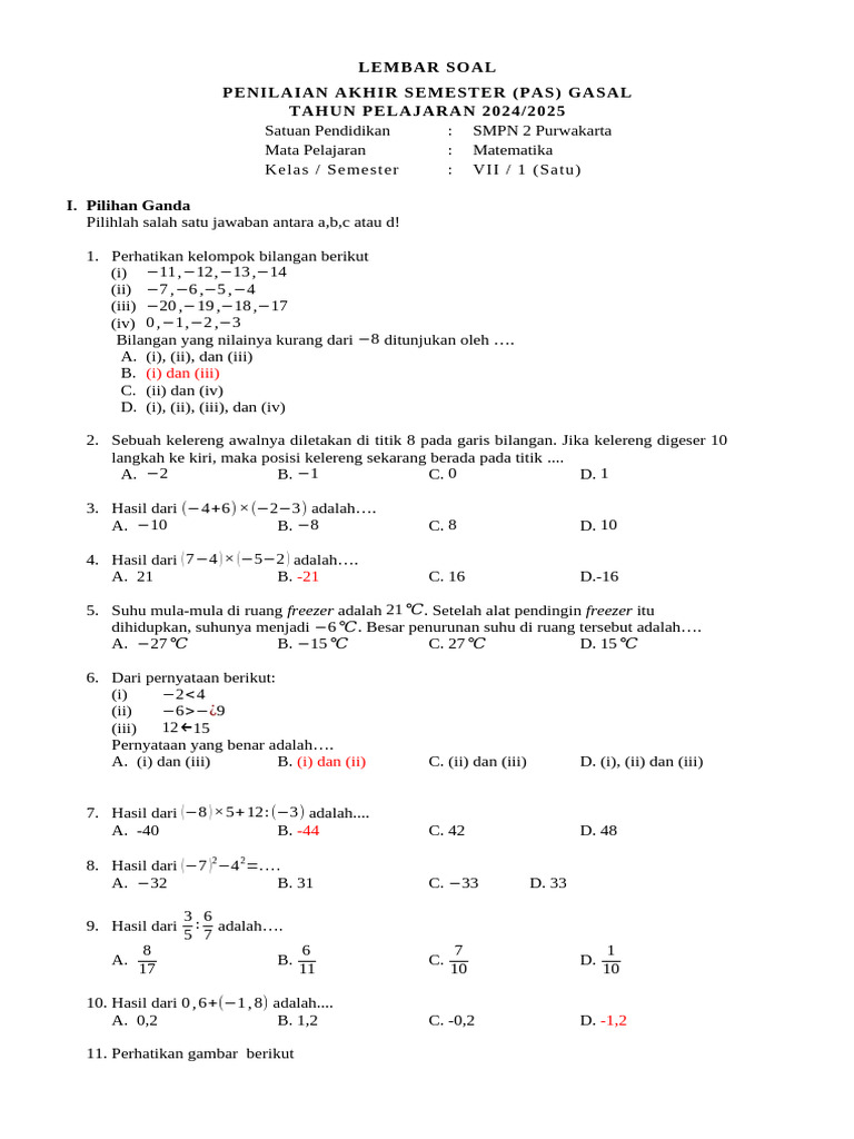 Soal Dan Kunci MTK SAS Ganjil Kelas 7 | PDF
