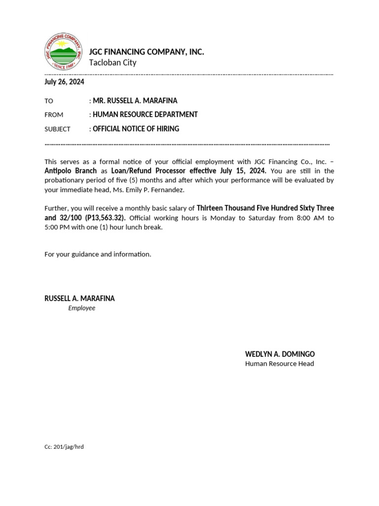 Official Notice of Hiring - Marafina | PDF